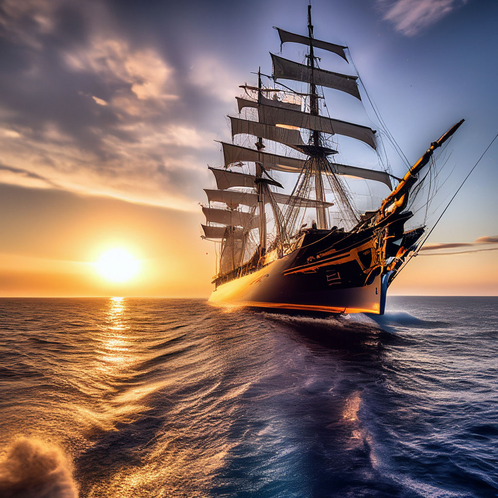 "Frigate at sea, against sunset hdr, ue5, real photo, beautiful, high ...