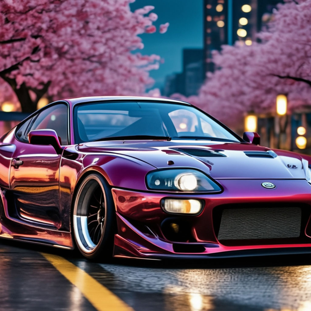 "Toyota Supra, night, cherry blossom, JDM, tuning, high detail, drift ...