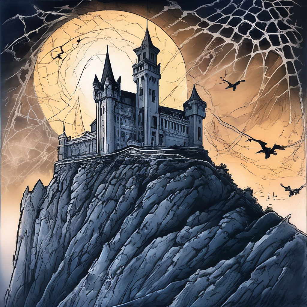 "Bat, vampire, spider web, castle, cliff, art book drawing, engraving ...