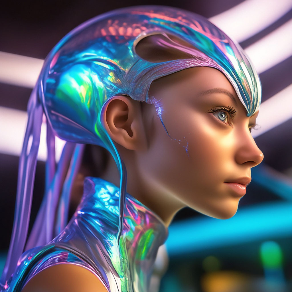 "Made of iridescent foil: alien girl, high angle, full frame HDR, 30mm ...