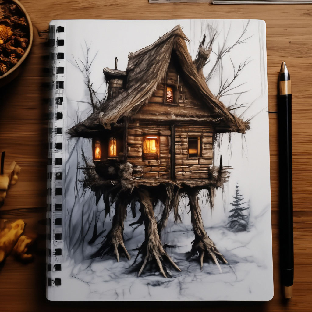 "Sketch on a piece of paper in a notebook,hut on chicken legs ...
