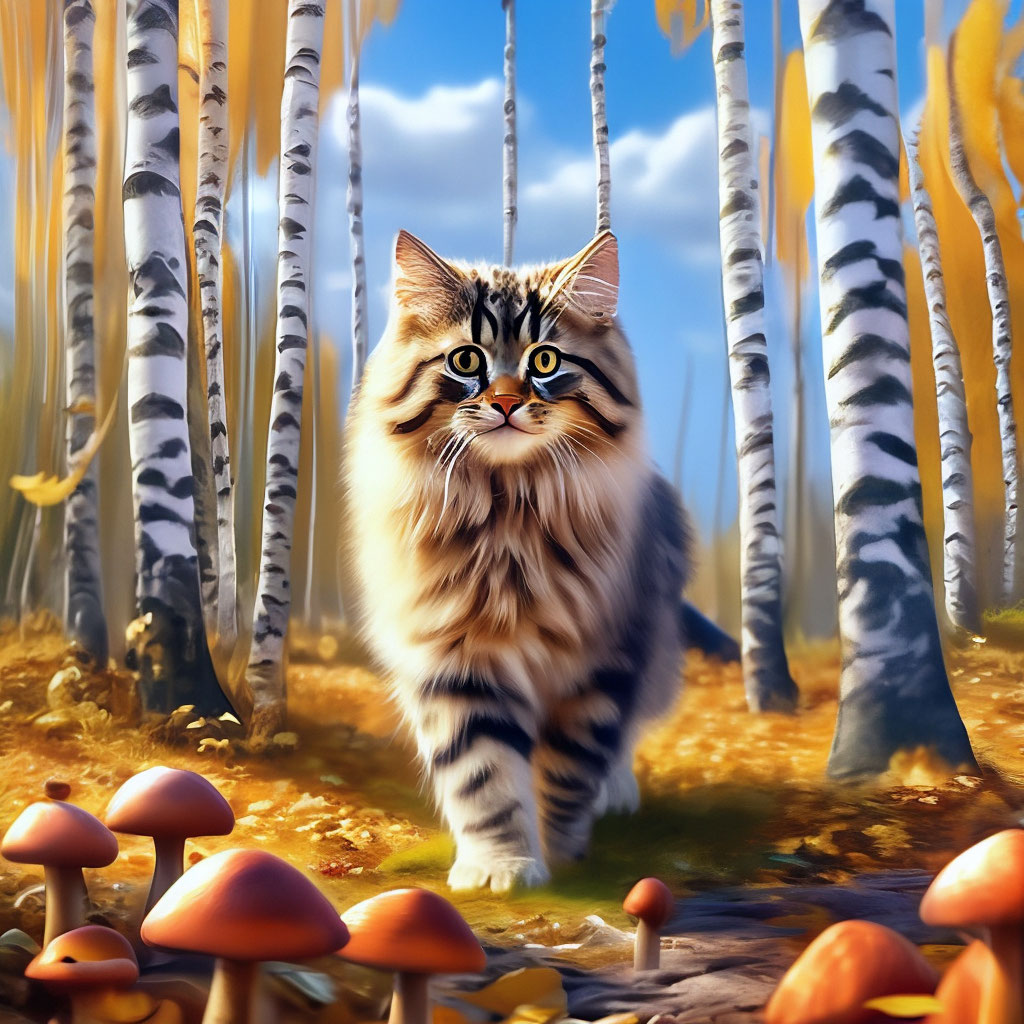 "A fluffy cat in camouflage walks through the autumn forest and looks ...