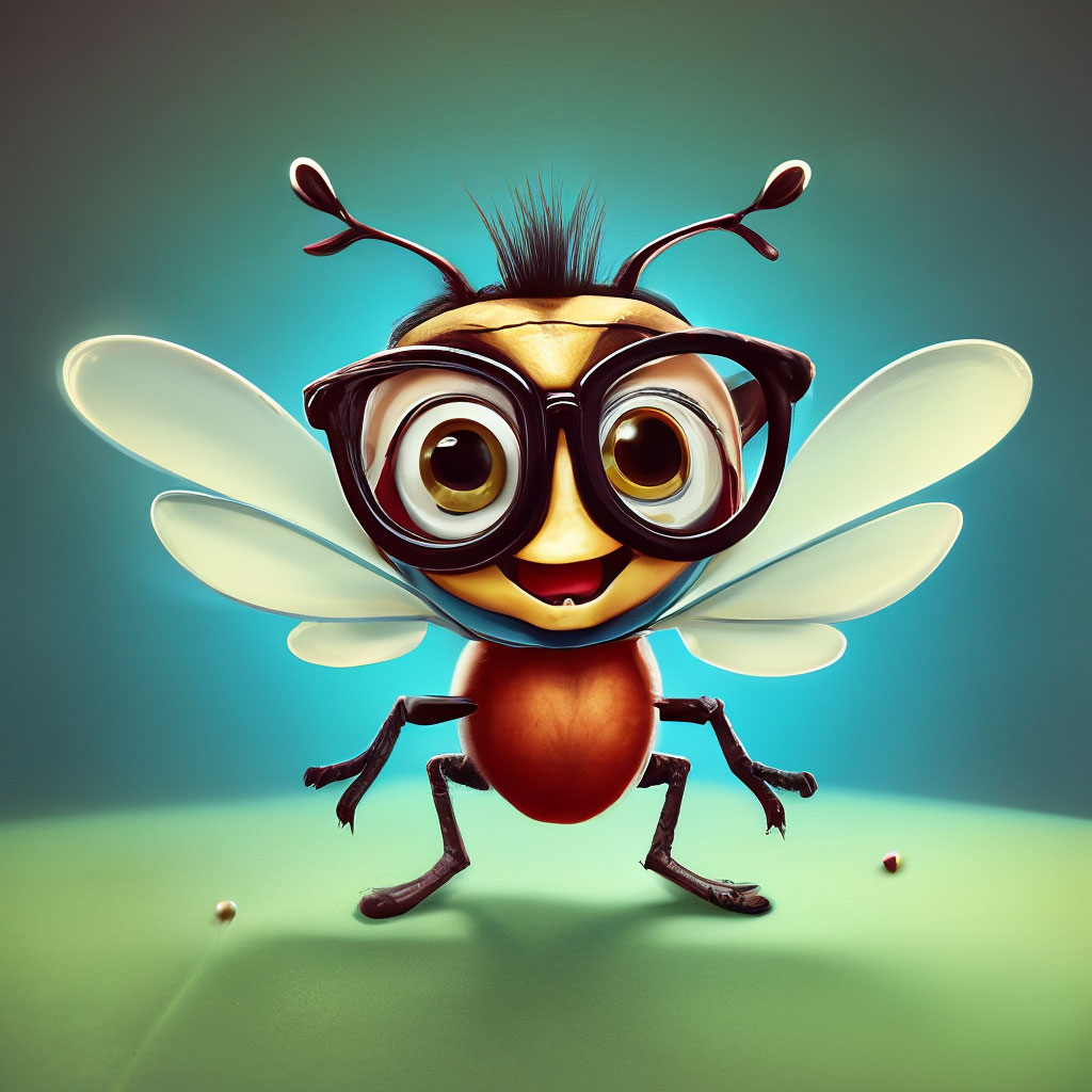 "A funny cartoon fly with glasses" — image created in Shedevrum