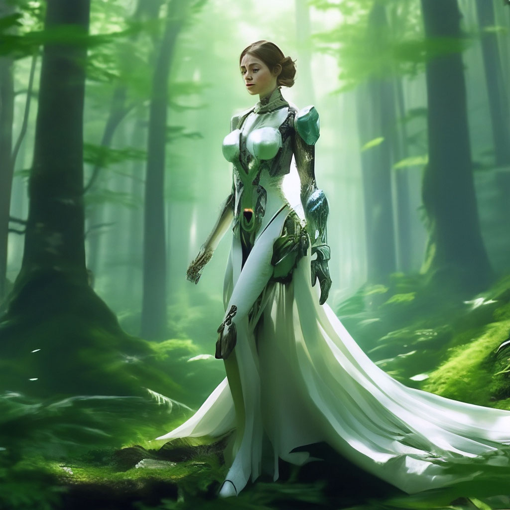 "Cyborg bride, wedding dress, green forest" — image created in Shedevrum