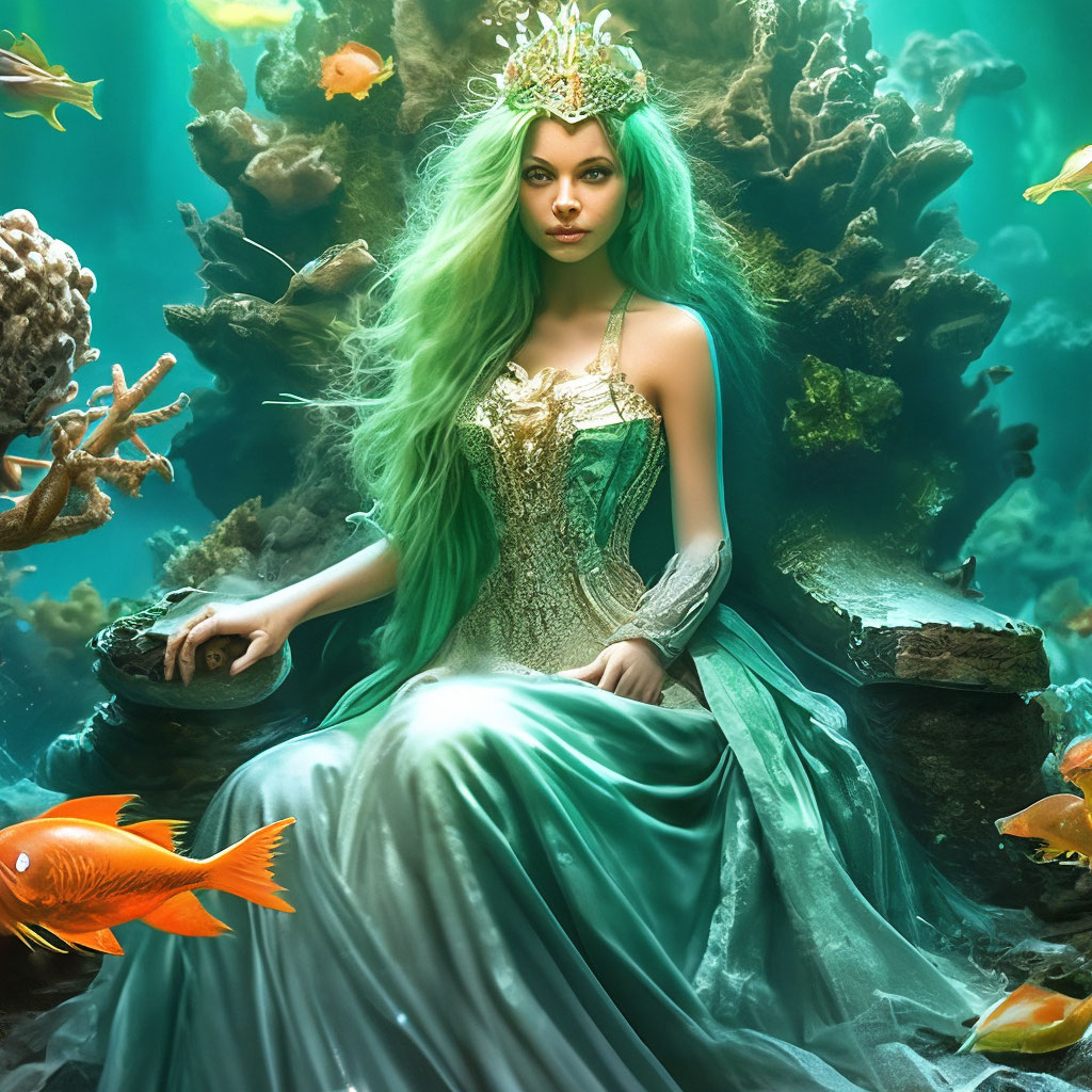 "Underwater kingdom,sea princess,beautiful girl with long sea-green ...