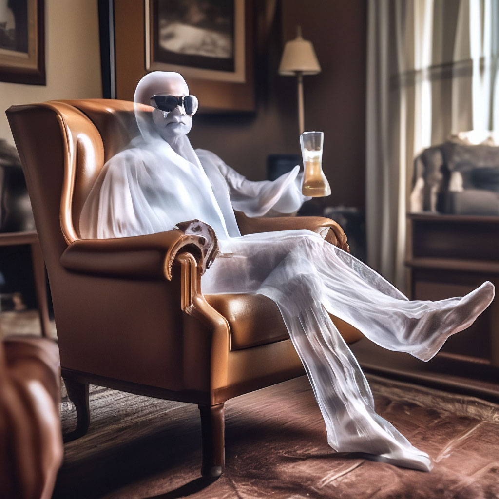 "Translucent cellophane invisible man, in a brown rocking chair and ...