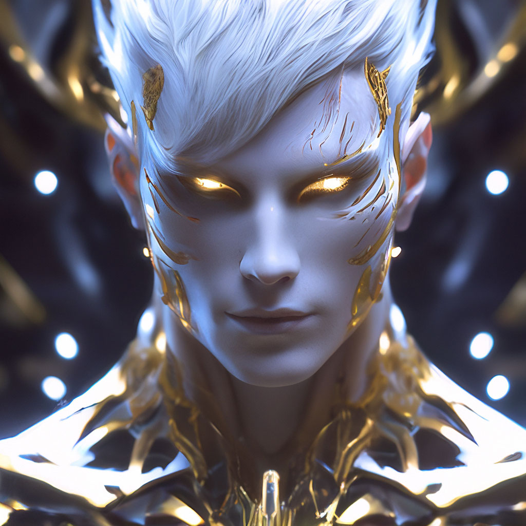 "Man,standing tall,elf,body-art,eye focus,exoskeleton,lush short white ...