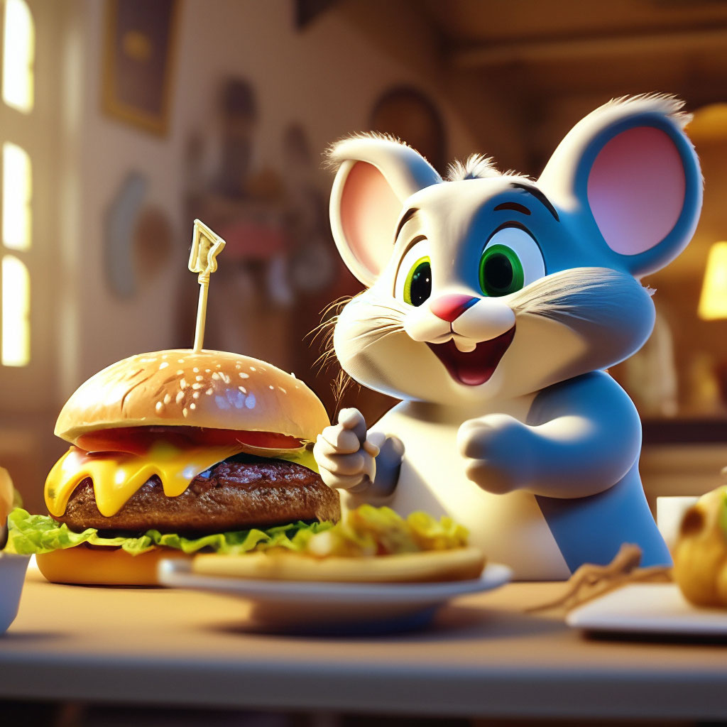 "Tom and fat Jerry eats a burger in a big house" — image created in ...
