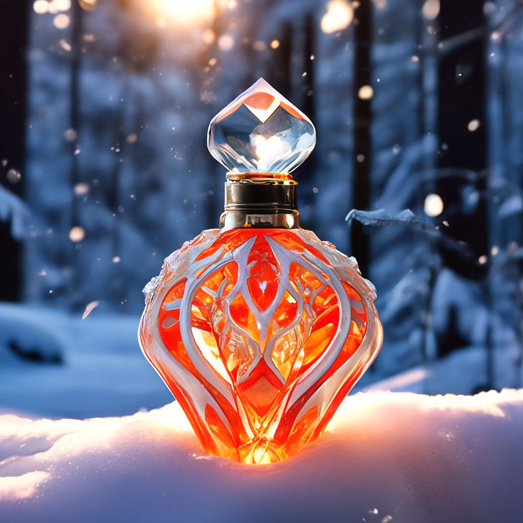 "Snow perfume bottle, orange+snow+red colors, in a magical snowy forest ...