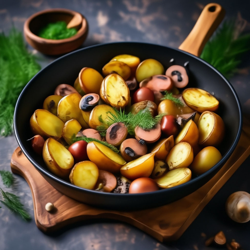 "Giant frying pan for the whole room, fried potatoes, mushrooms, dill ...