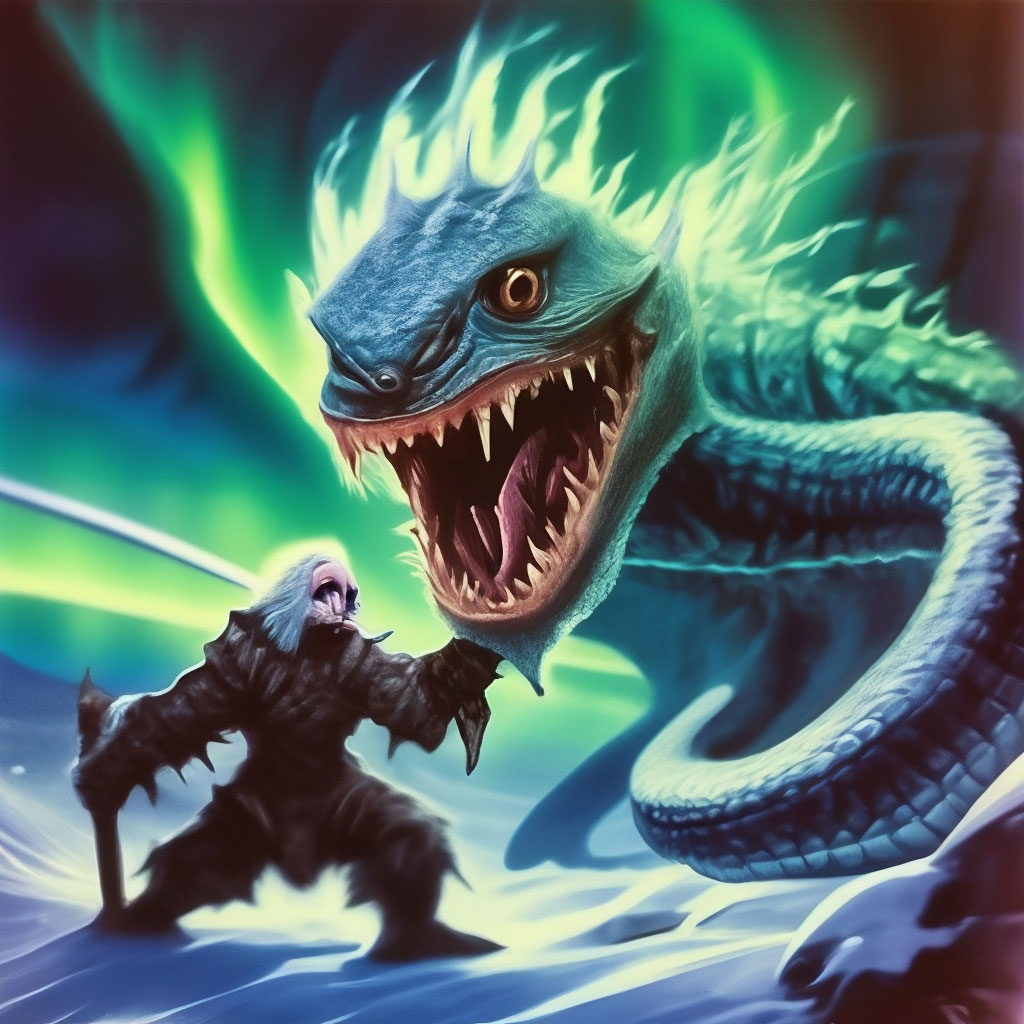"Evil grinning fanged murloc Rotten Gill under the aurora borealis ...