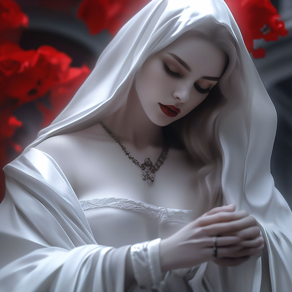 "The world of ghostly myths . The girl in the red cloak knelt down ...
