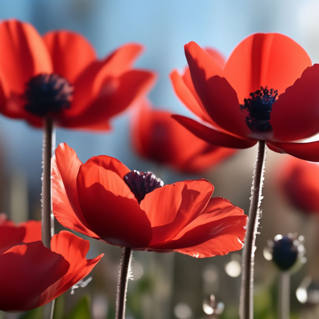 "Scarlet anemones ,flowers, transparent sky, dew,backlight professional ...