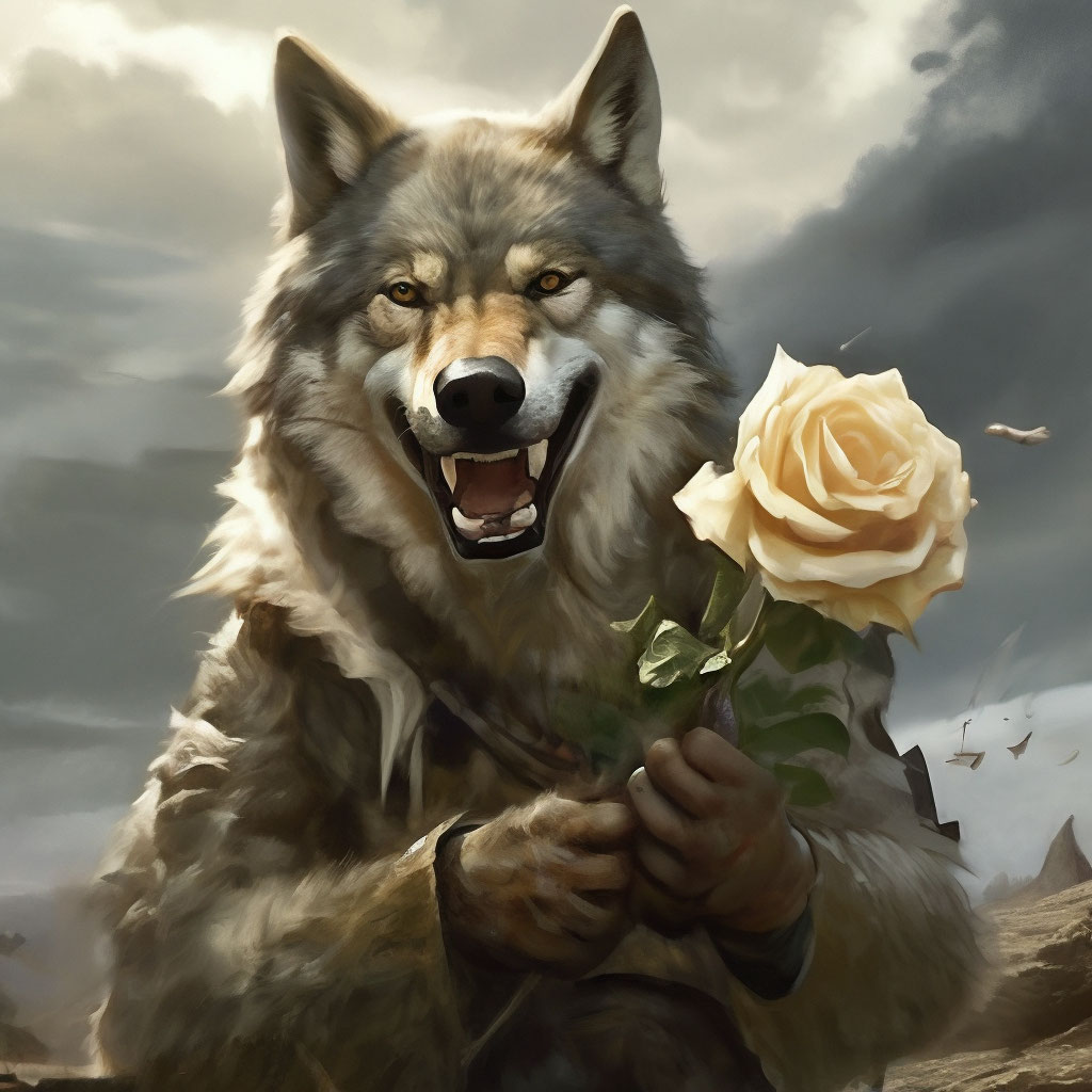 "A cheerful, kind wolf holds a cream-colored rose in his teeth" — image ...