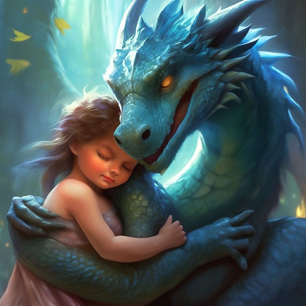 "Mama Dragon hugs the baby" — image created in Shedevrum