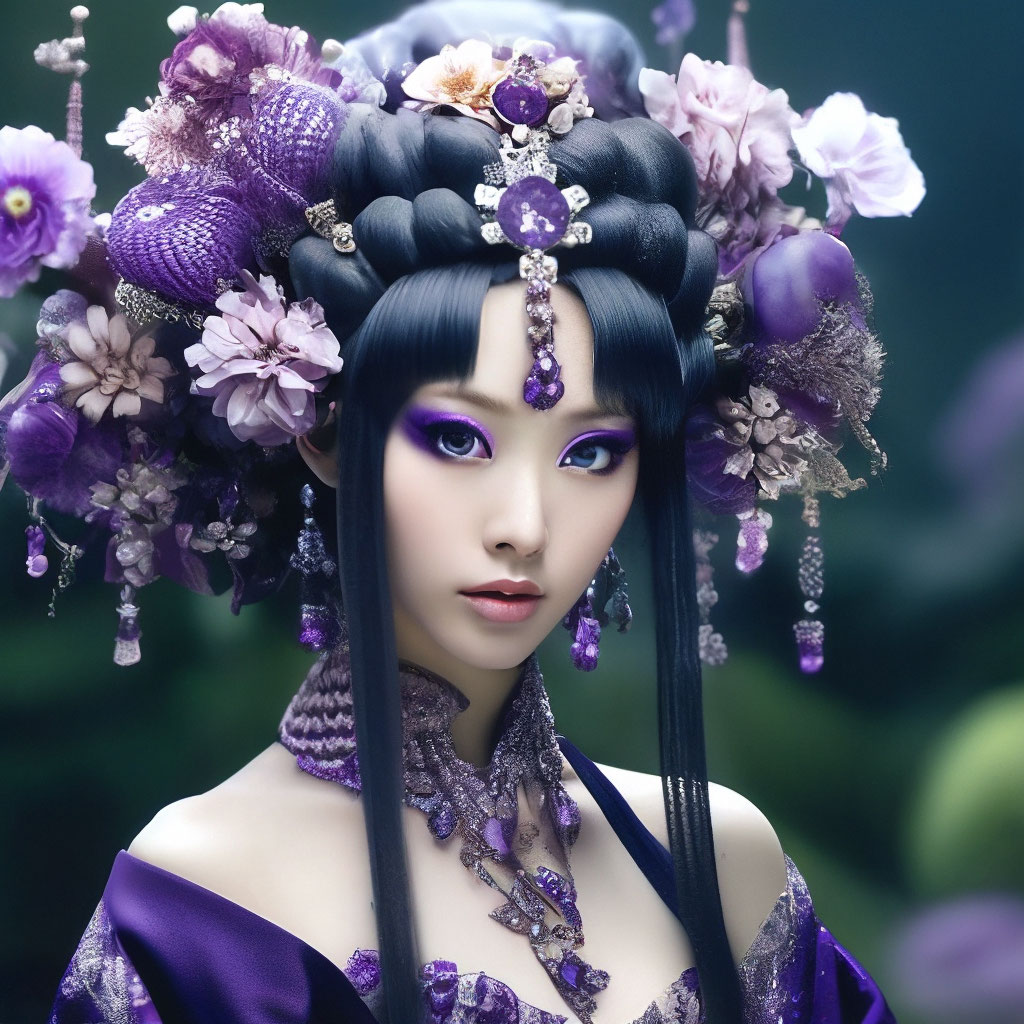 "Japanese beautiful concubine with a complex hairstyle of flowers ...