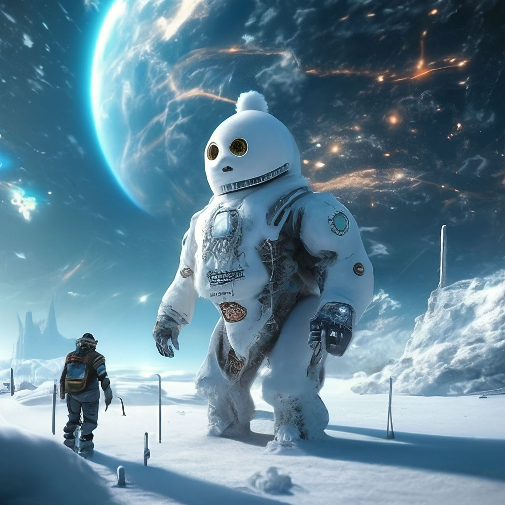 "A snowman who walks around the space field and makes worlds" — image ...
