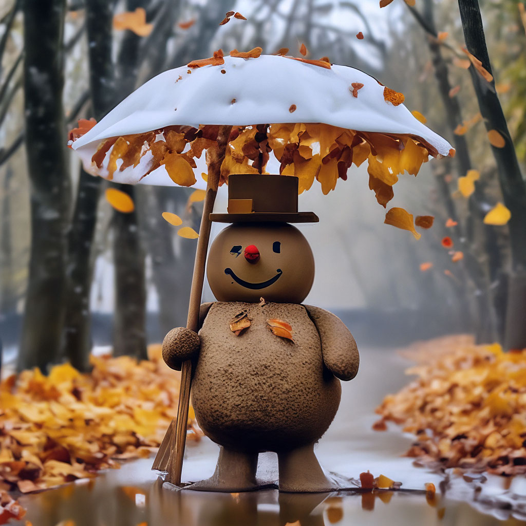 "Snowman made of mud and autumn leaves under an umbrella" — image ...