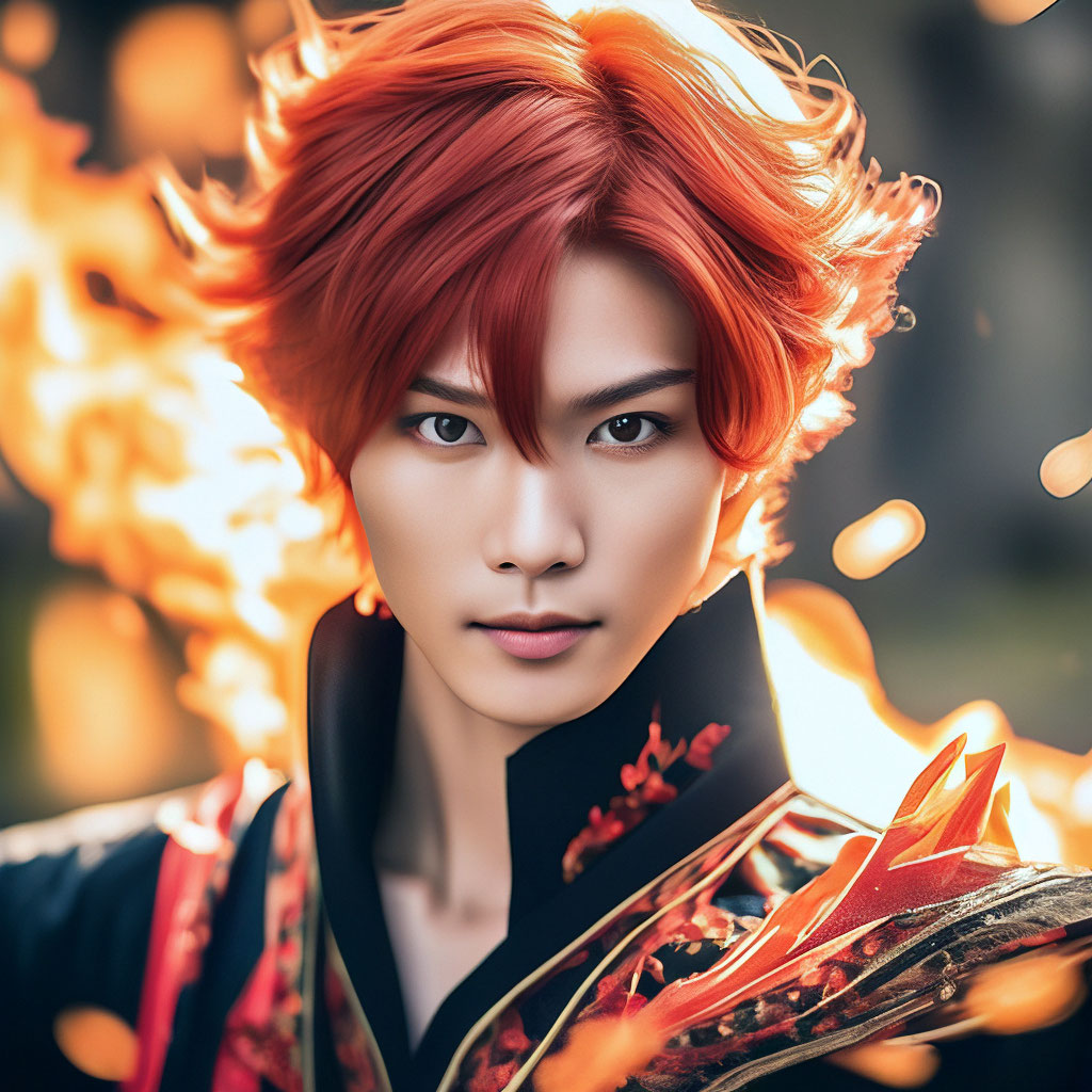 "Prince of fire of asian appearance, reddish-red hair, fire magic ...