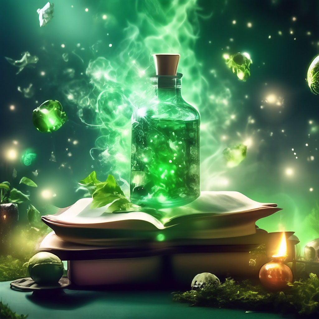 "Green magic background sparkling flying books and potion bottles,fog ...