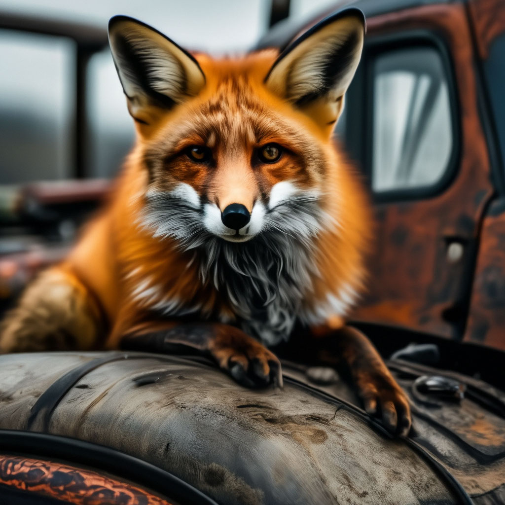 "Red fox sits on the hood of an old truck, 1/250s, 4k" — image created ...