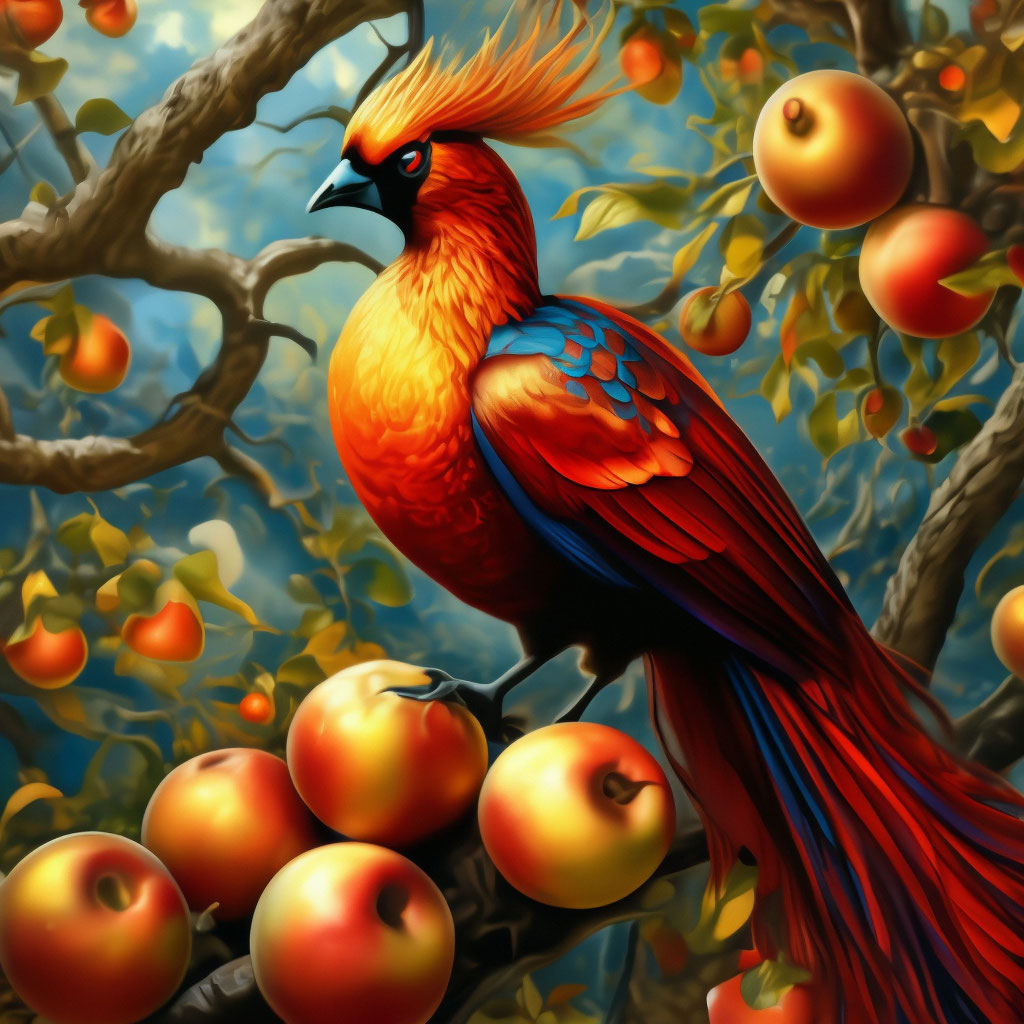 "Fabulously beautiful, colorful, bright firebird, sitting on a tree ...