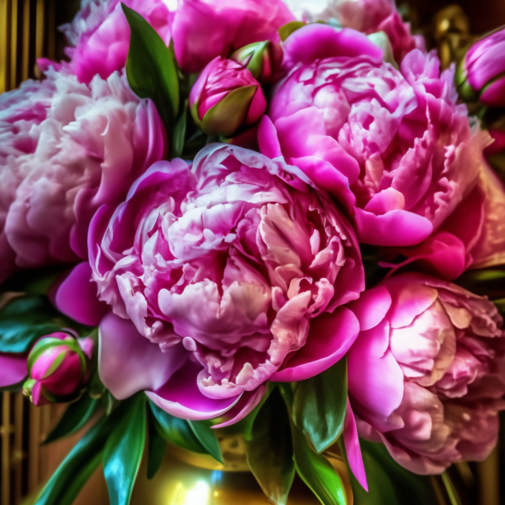 "A lush bouquet of peonies. the color is pink neon. hyper detail. hdr ...