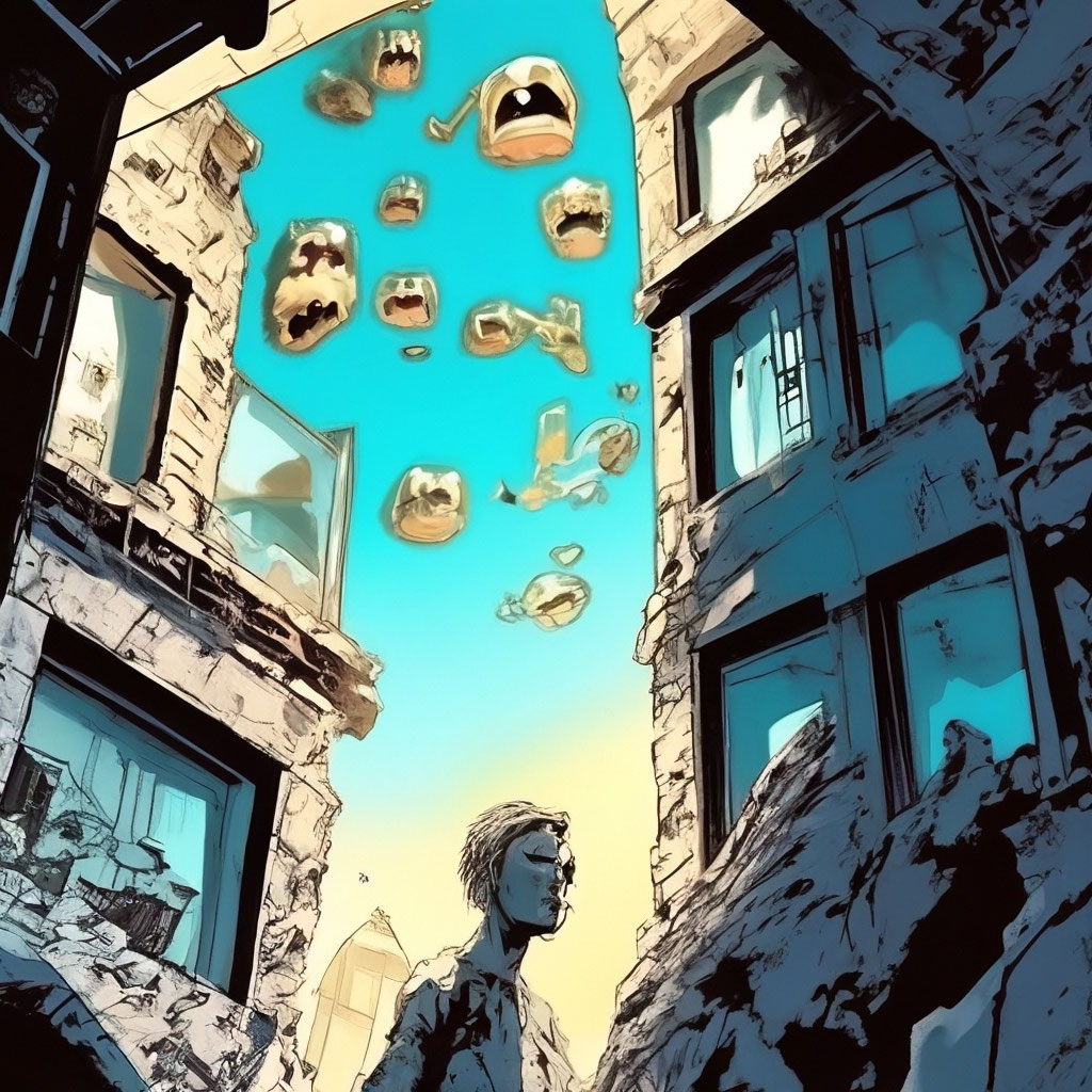 "From every crevice of every destroyed house, terrible monsters looked ...