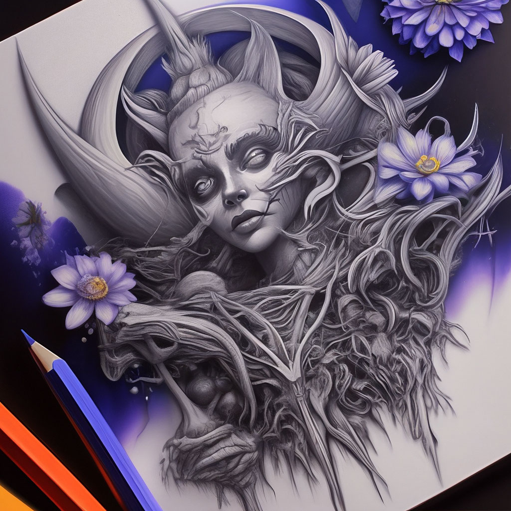 "Pencil drawing dark forces,acid colors,magic,magic,witchcraft,daisies ...