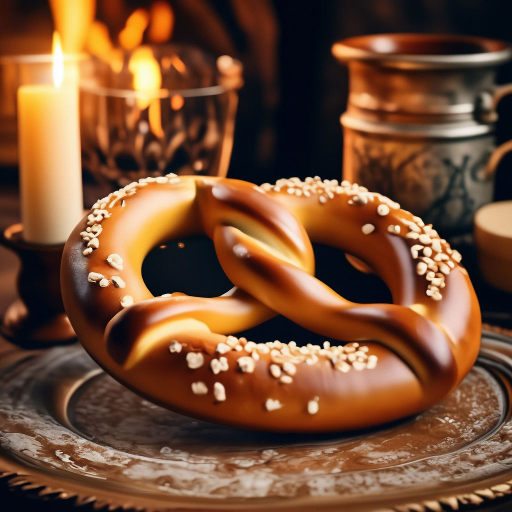 "Pretzel on a beautiful painted antique dish, vintage tableware, rustic ...
