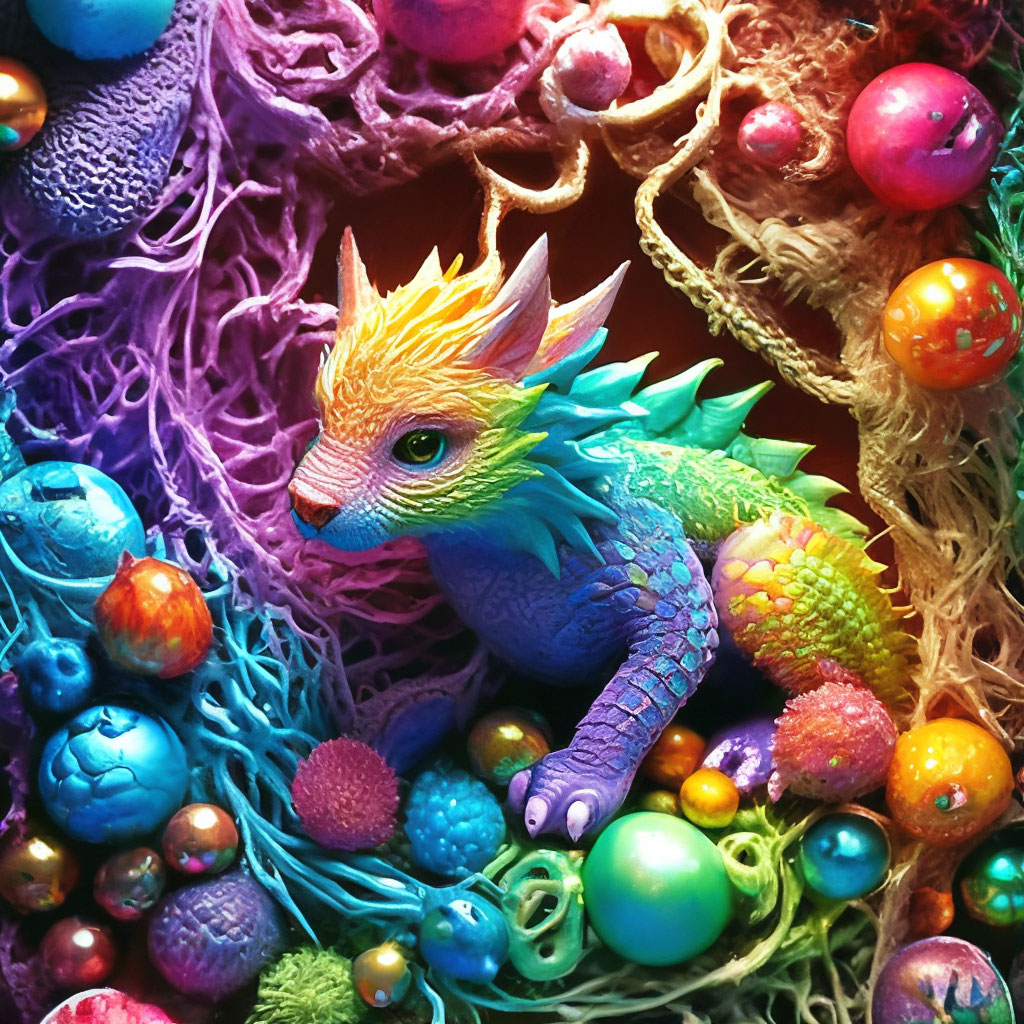 "3D digital painting on the wall in the cave. A rainbow Dragon cub made ...