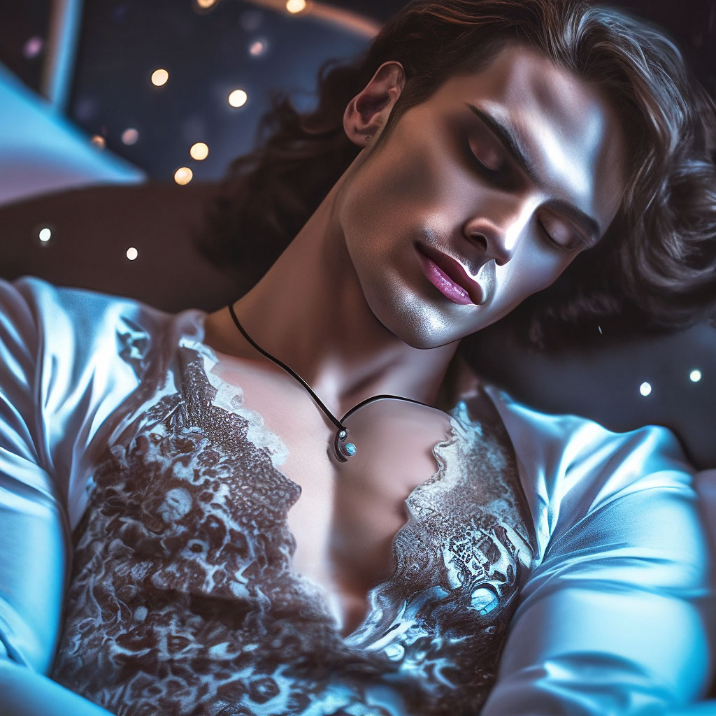 "Charming vampire guy, lace shirt, male body aesthetics, cleavage ...