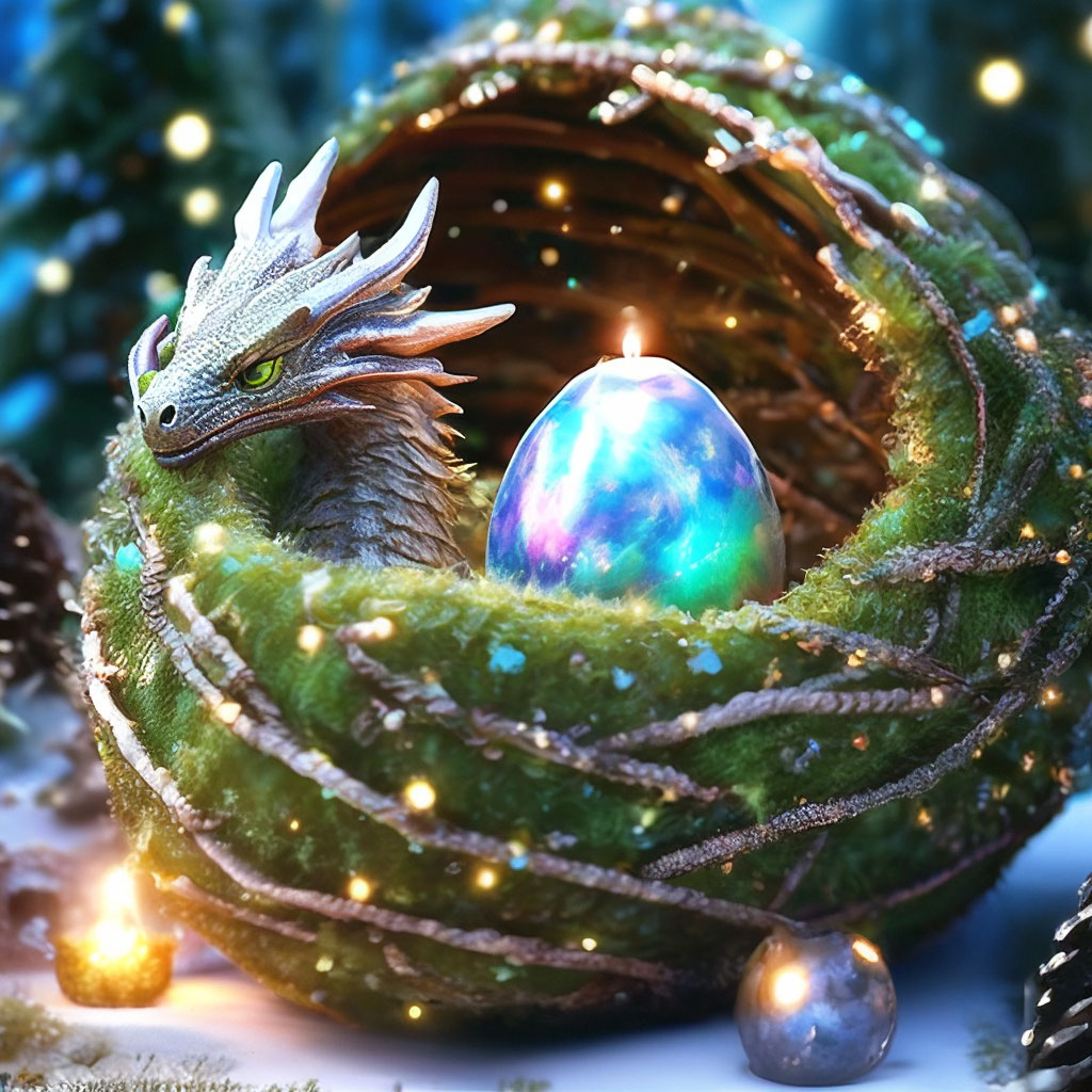 "A baby cradle made of twigs, moss, in it a dragon egg covered with a ...