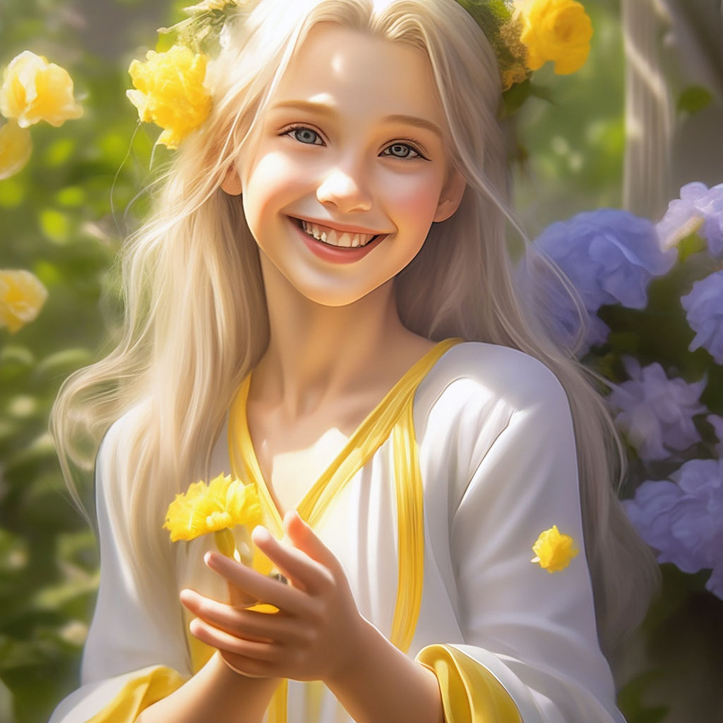 "Extremely gentle and beautiful,elf girl,yellow eyes, happy smile ...