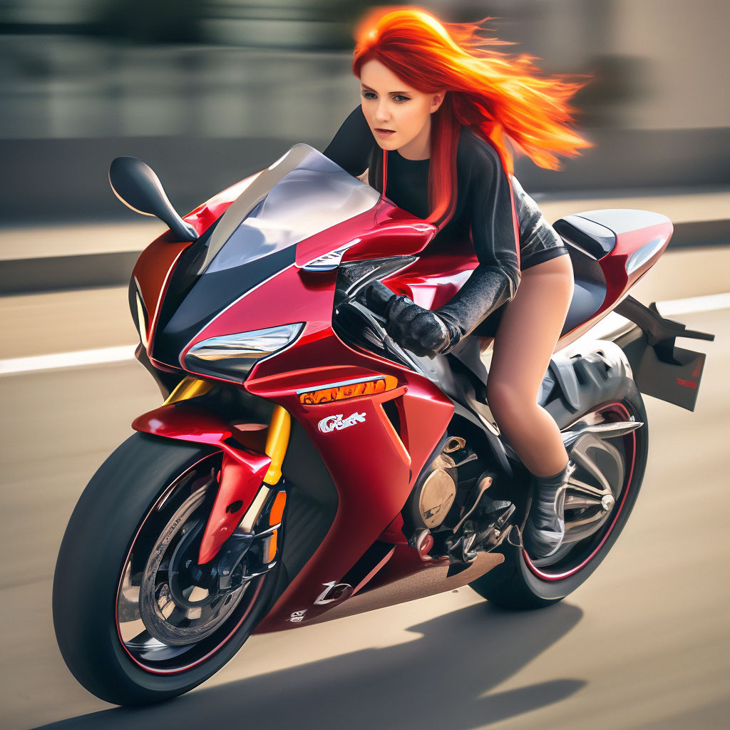 "A girl in a red motorcycle overalls on a Honda sbr 1000 rr, red hair ...