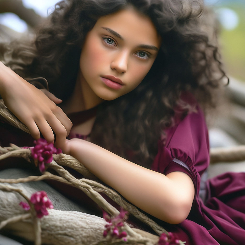 "A very beautiful girl, black disheveled curls,hands tied,soft oval ...