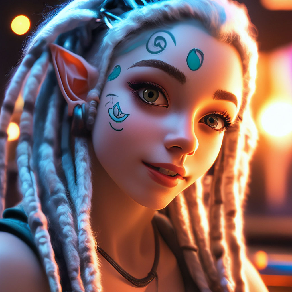 "Very cute, beautiful elf, white dreadlocks, bright neon eyes, big ...