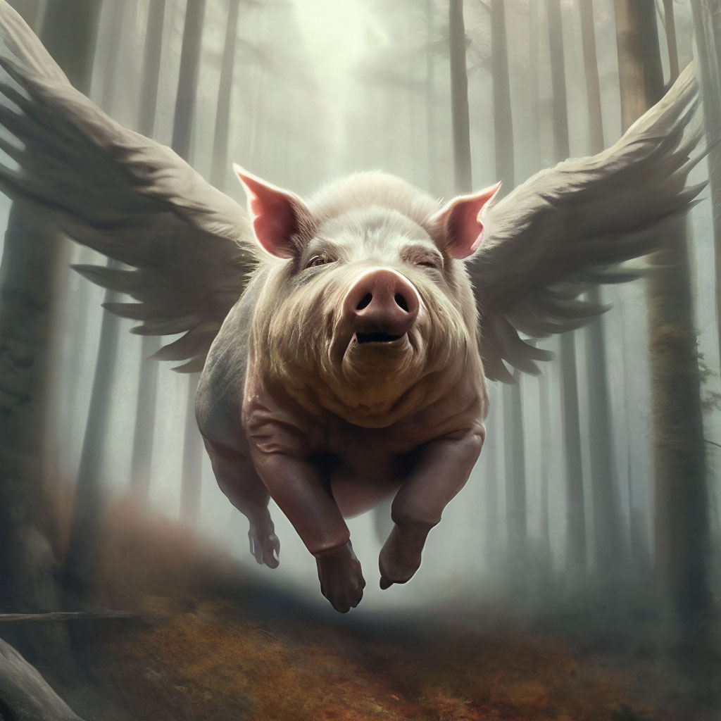 "An aggressive big pig with wings that flies over the forest" — image ...