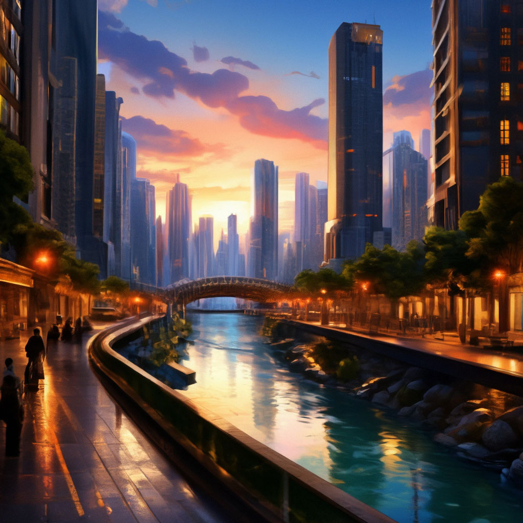"A huge river passes through the city in the style of solarpunk , roads ...