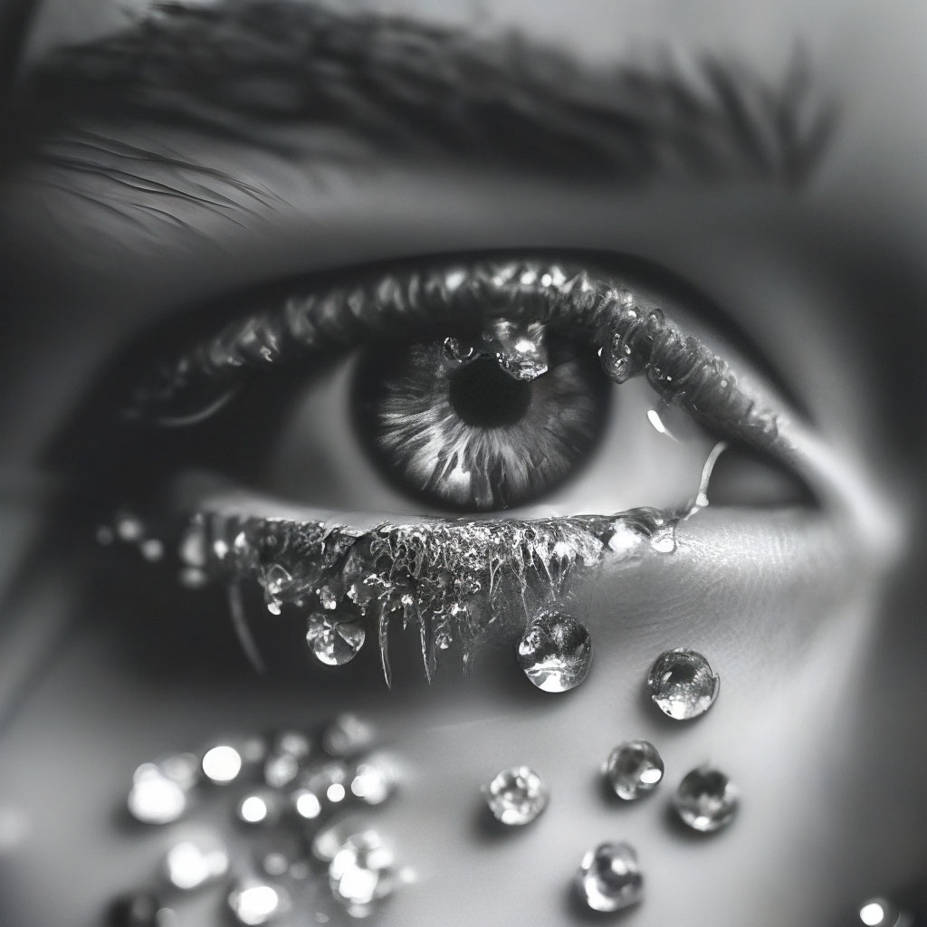 "Black and white close-up photo of a girl crying with diamonds" — image ...