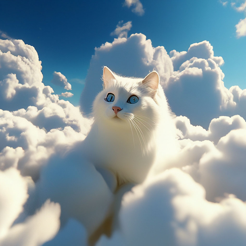 "Fluffy clouds . A WHITE-MILK CAT RUNS THROUGH THE CLOUDS. IN A JUMP ...