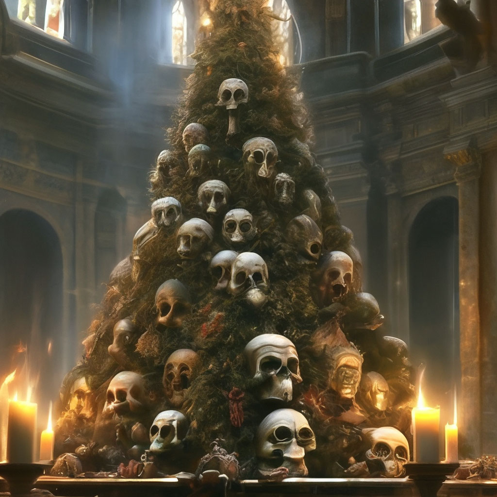 "Christmas tree decorated with skulls, hall in the palace, darkness ...