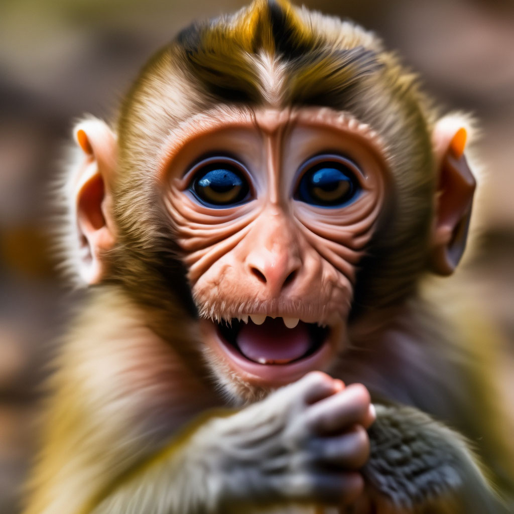 "The monkey cub, looking up, scratching his ear, detail, shot from ...
