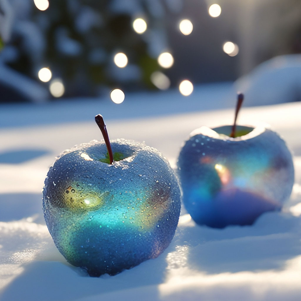 "Apples in the snow blue crystal apples with iridescent shades lie on ...