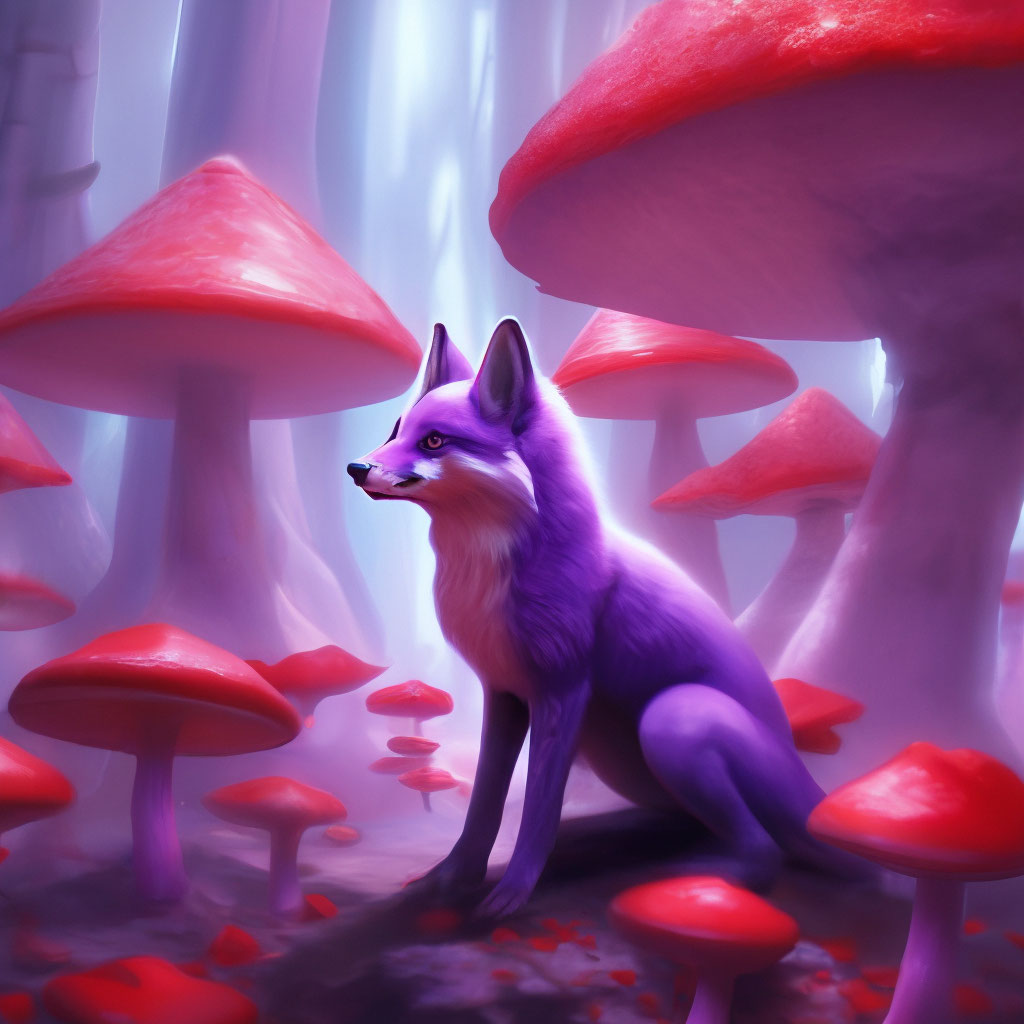 "Fox, purple, unrealistic, from another planet, around giant mushrooms ...