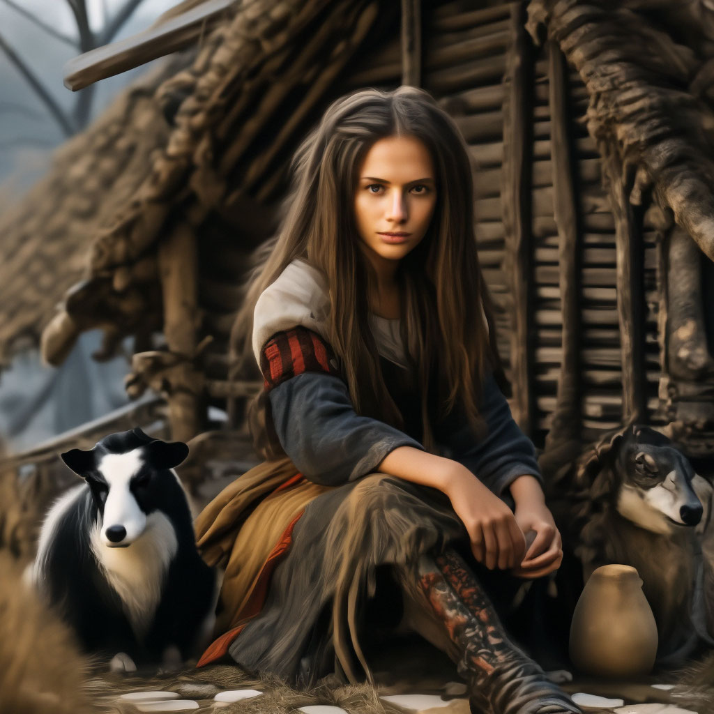 "A young baba Yaga is sitting on the threshold of a hut with animals ...