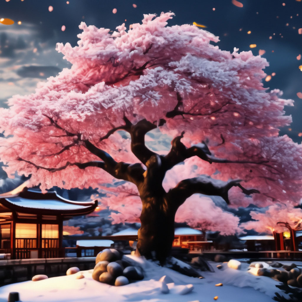 "Japanese sakura tree covered with snow, in anime and 3D render styles ...