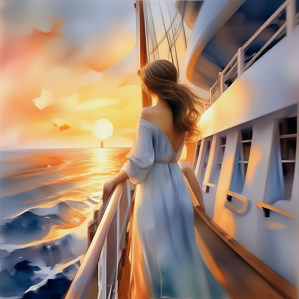 "Watercolor, a very beautiful girl on the deck of a white ship, and ...