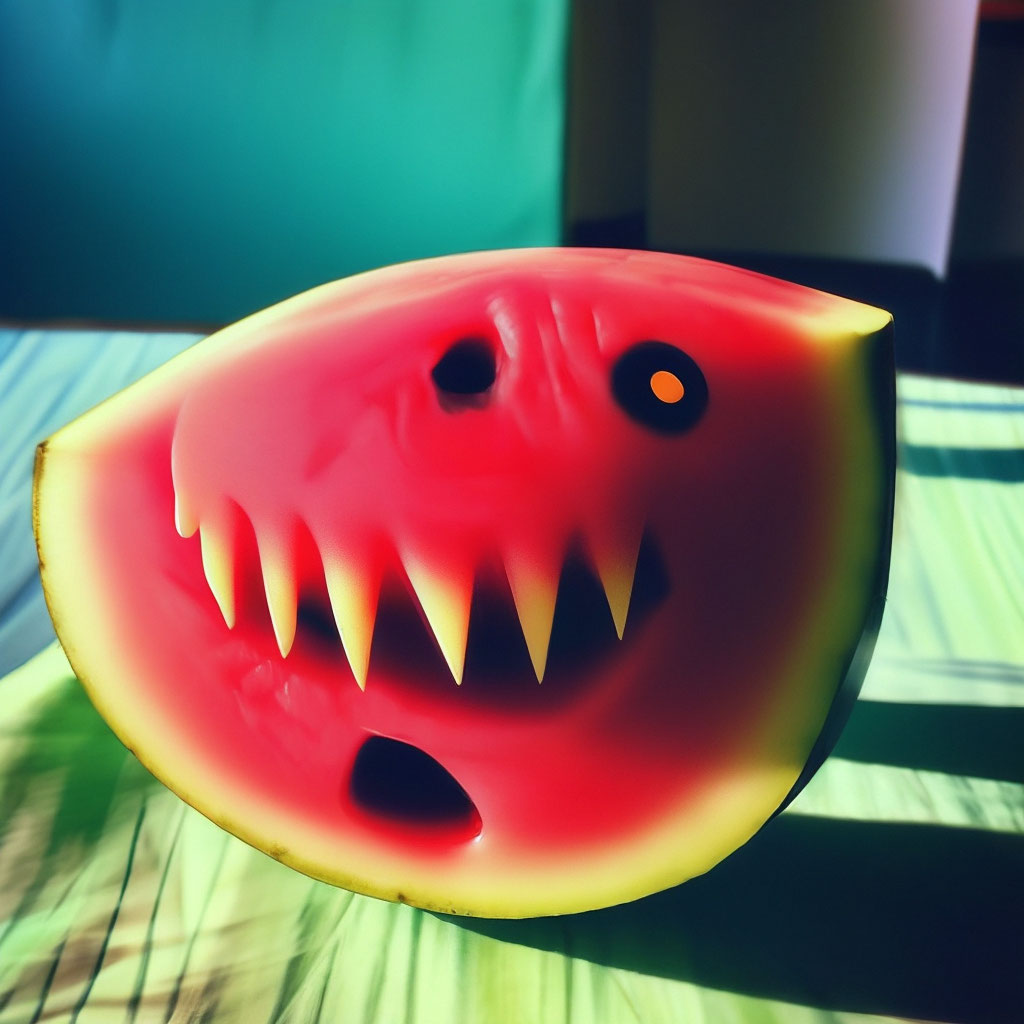 "Scary watermelon with eyes and mouth" — image created in Shedevrum