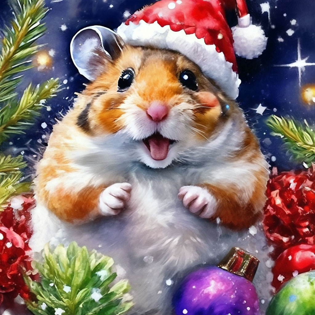 "Diamond watercolor, fine ink drawing, fat hamster in a New Year's red ...